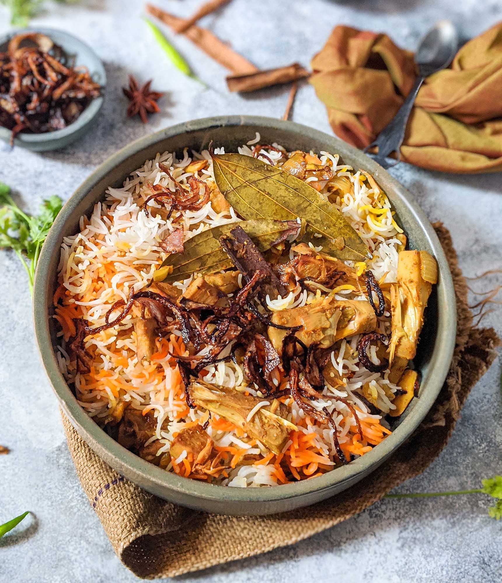 Kathal Biryani - easy vegetarian recipe - ChompSlurrpBurp